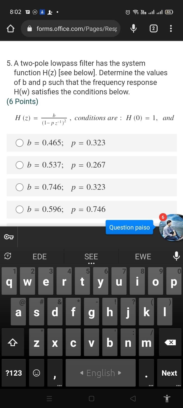 Solved 5. A two-pole lowpass filter has the system function | Chegg.com