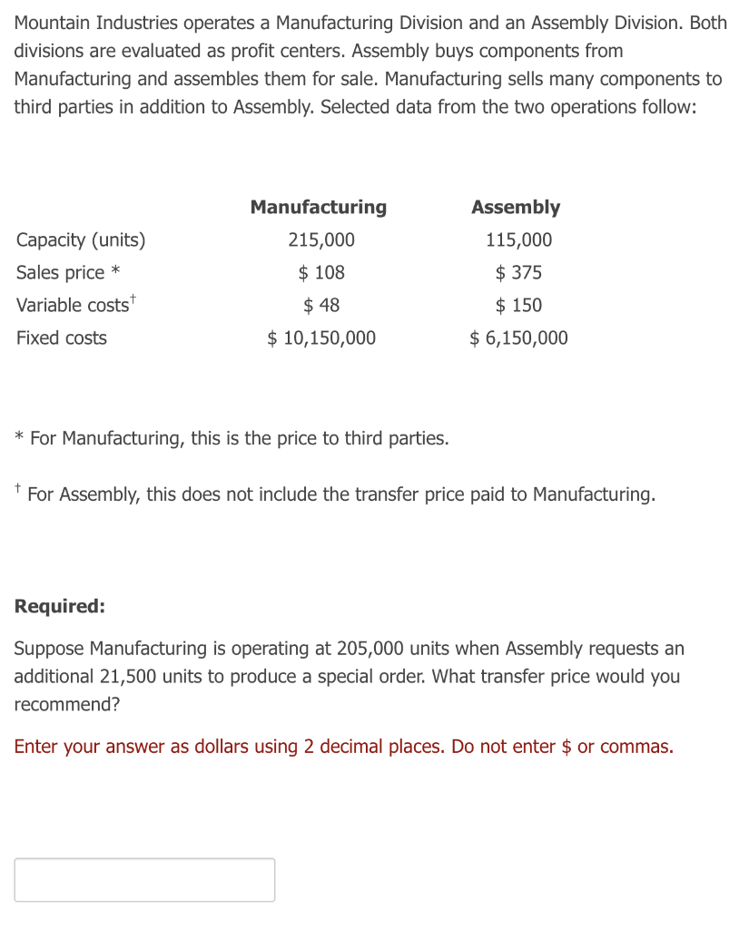 Solved Mountain Industries operates a Manufacturing Division | Chegg.com