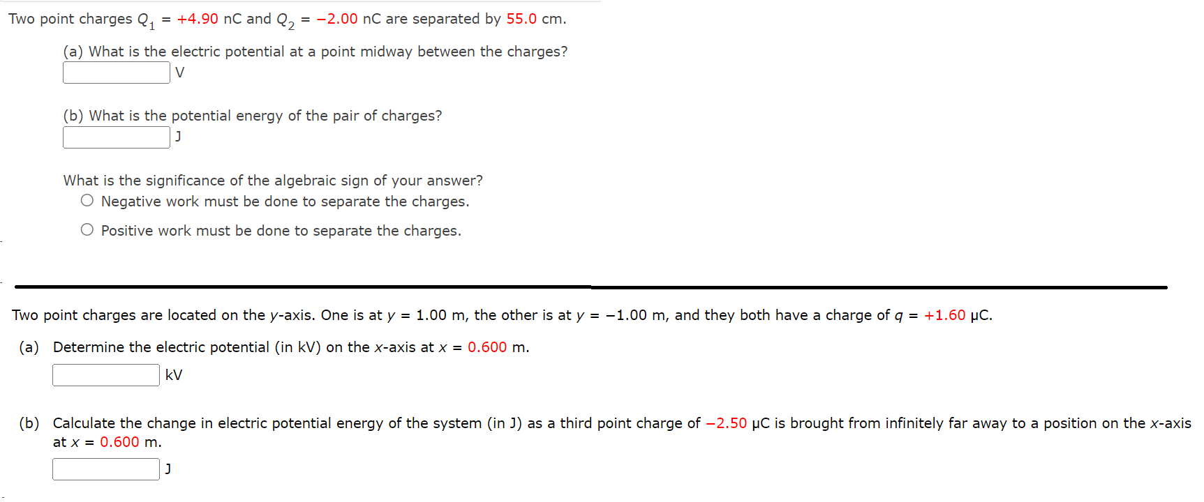 Solved Two point charges Q1=+4.90nC and Q2=−2.00nC are | Chegg.com