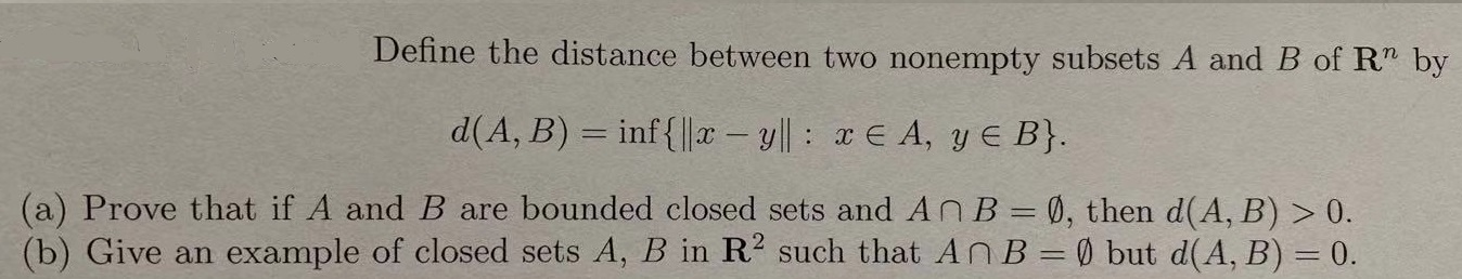 Solved Define the distance between two nonempty subsets A | Chegg.com