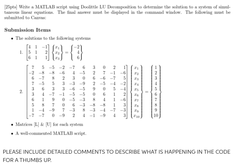 Solved [25pts] Write a MATLAB script using Doolittle LU | Chegg.com