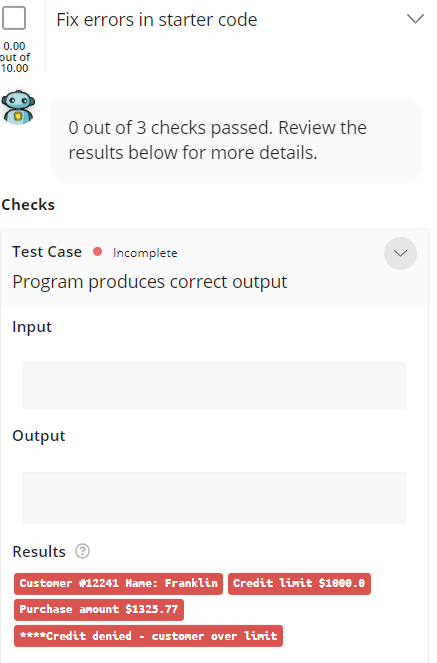 Solved Fix errors in starter code 0.00 out of 10.00 O out of | Chegg.com