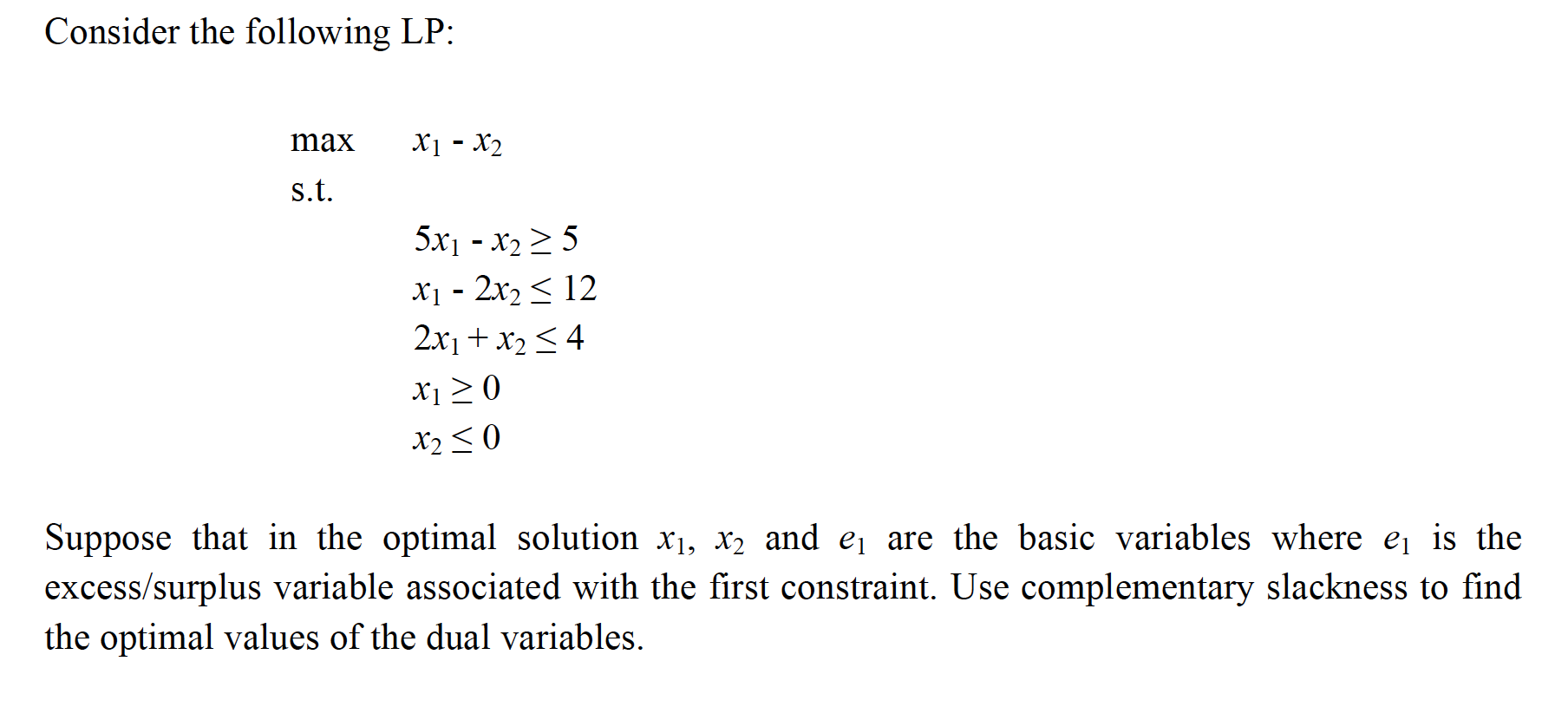 Solved Consider the following LP: max X1 - X2 s.t. 5x1 - x2 | Chegg.com