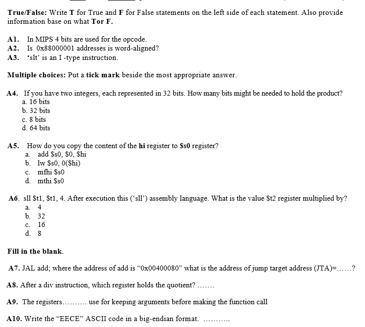 Solved True/False: Write T for True and F for False | Chegg.com
