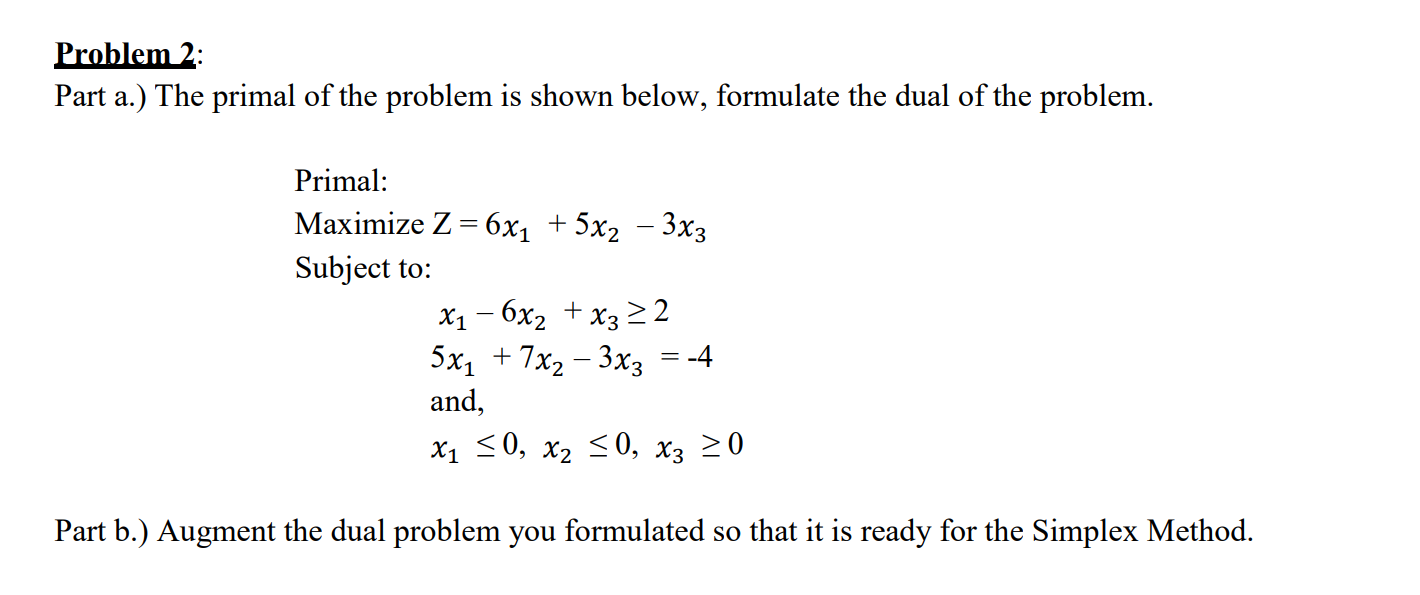 Solved Problem 2: Part a.) The primal of the problem is | Chegg.com