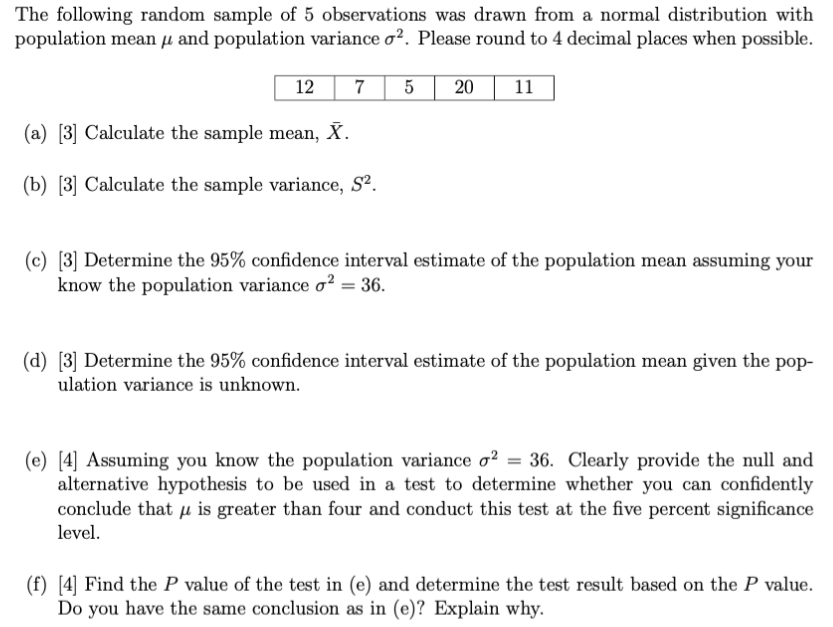 Solved The following random sample of 5 observations was | Chegg.com