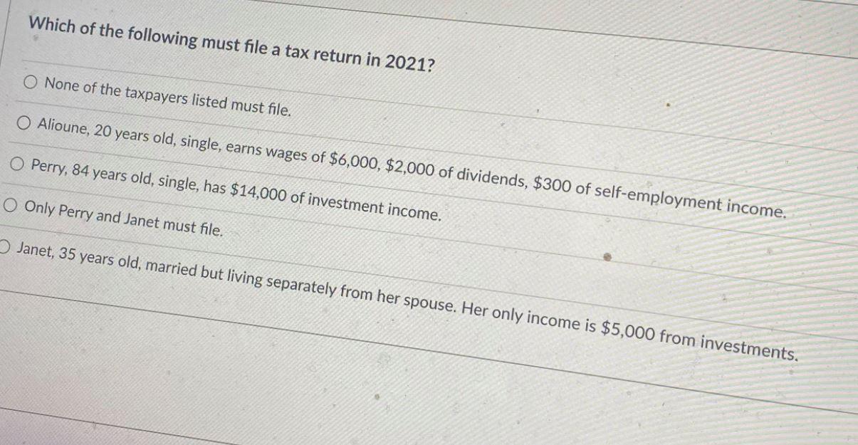 Solved Which of the following must file a tax return in | Chegg.com