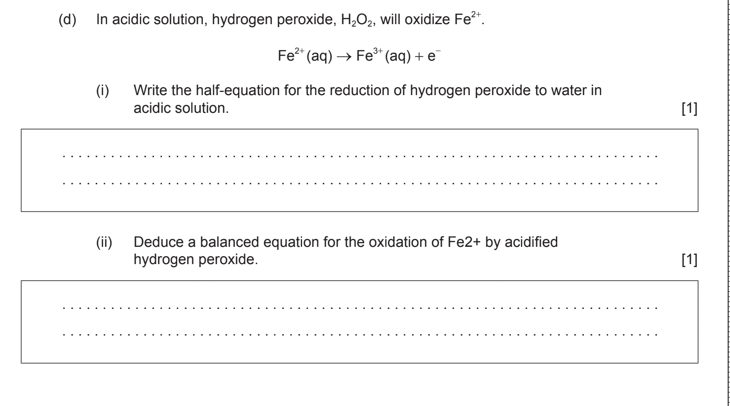 Solved (d) In acidic solution, hydrogen peroxide, H2O2, will | Chegg.com