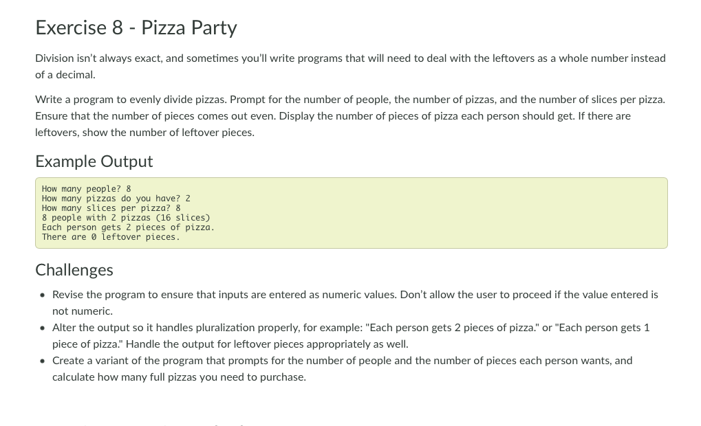 Solved Exercise 8 - Pizza Party Division isn't always exact, | Chegg.com