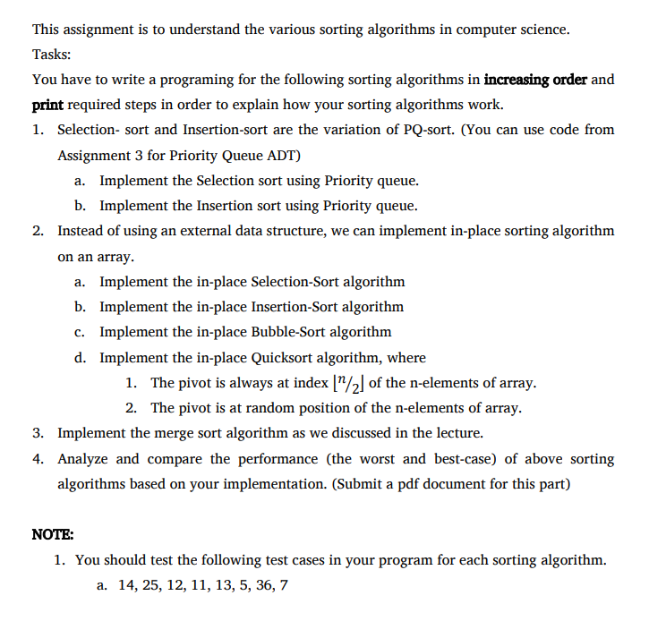 This assignment is to understand the various sorting | Chegg.com