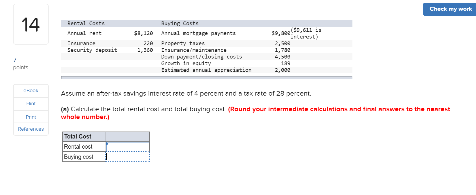 Solved Check my work Rental Costs Annual rent Buying Costs | Chegg.com