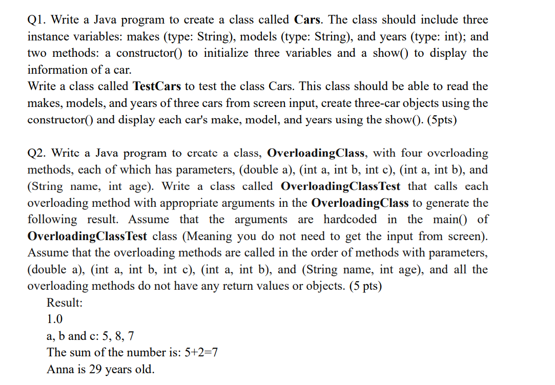 Solved Q1. Write a Java program to create a class called | Chegg.com