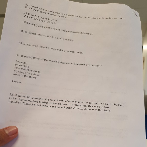 Solved 20. The following data represents a their MyS sample | Chegg.com