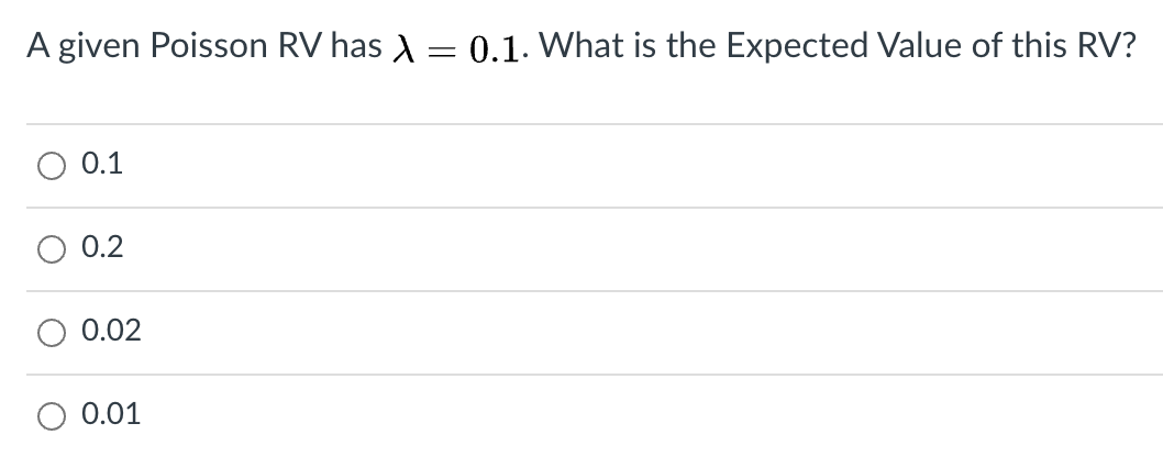 Solved A given Poisson RV has = 0.1. What is the Expected | Chegg.com