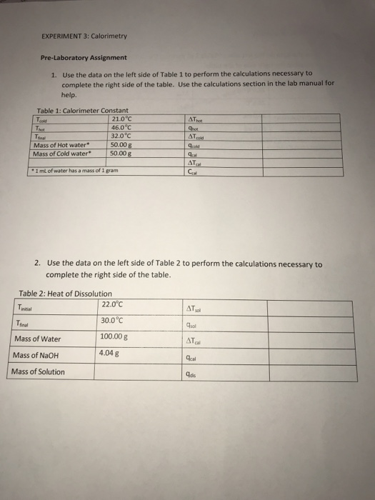 Solved EXPERIMENT 3: Calorimetry Pre-Laboratory Assignment | Chegg.com