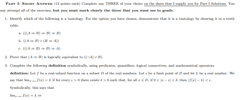 Solved PART I: SHORT ANSWER (13 points each) Complete any | Chegg.com