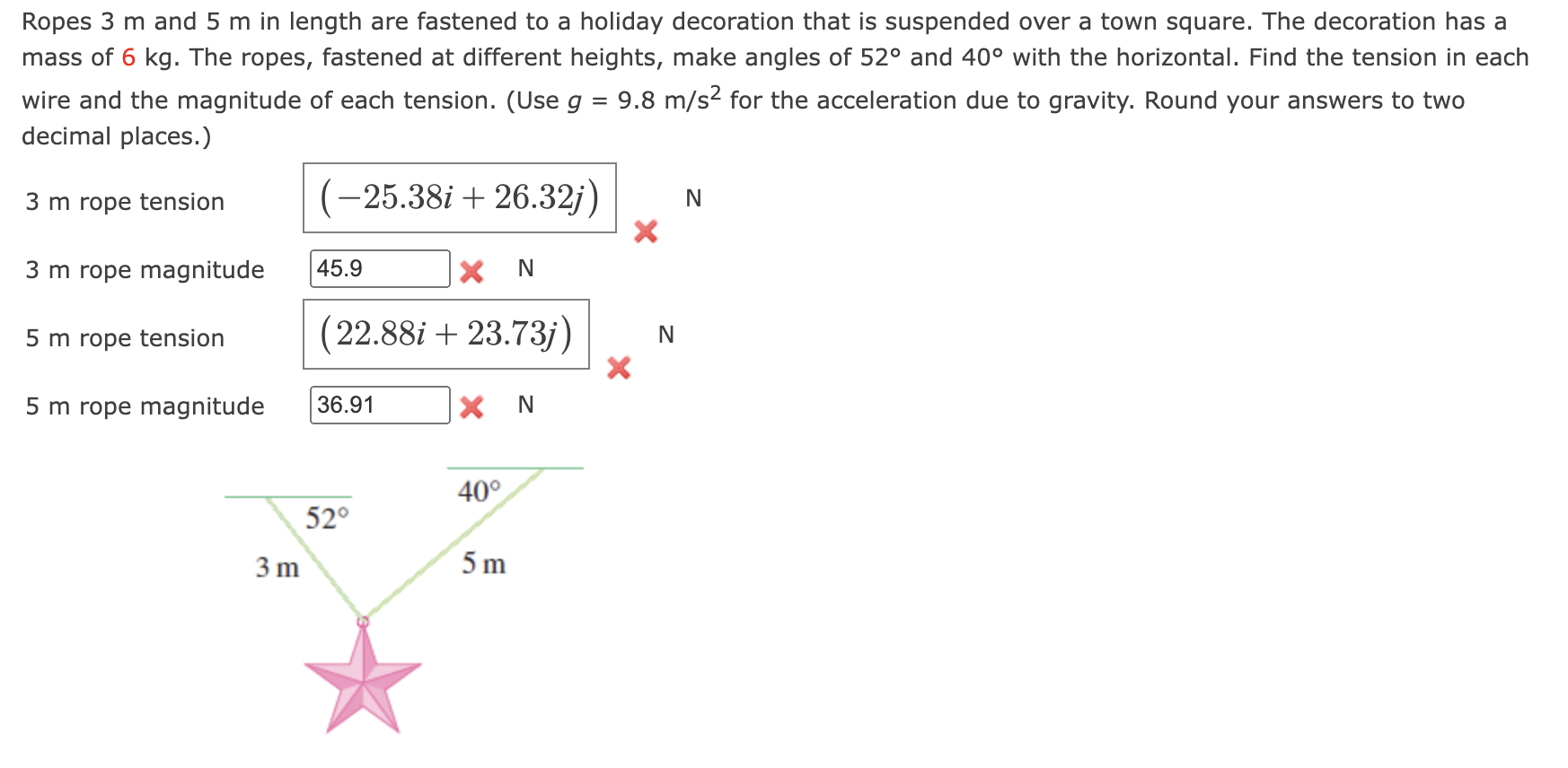 Solved Ropes 3m ﻿and 5m ﻿in length are fastened to a holiday | Chegg.com