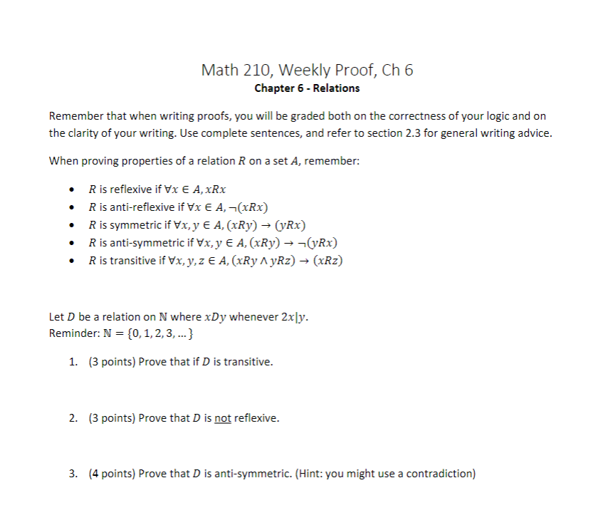 Solved Math 210, Weekly Proof, Ch 6 Chapter 6 - Relations | Chegg.com