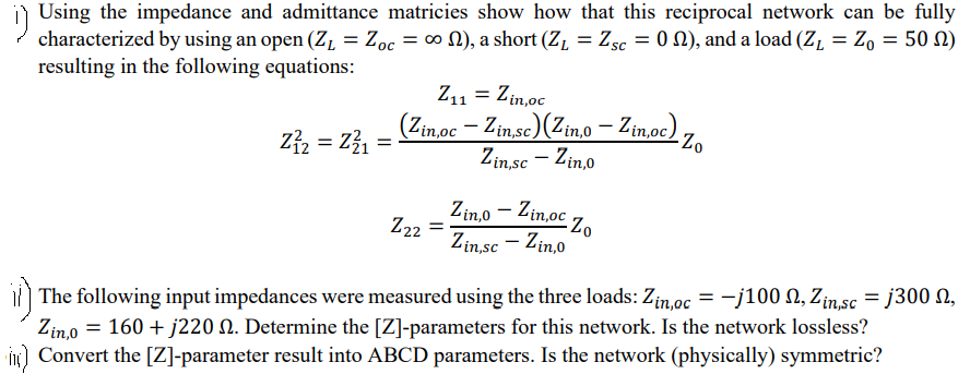 Solved i) Using the impedance and admittance matricies show | Chegg.com