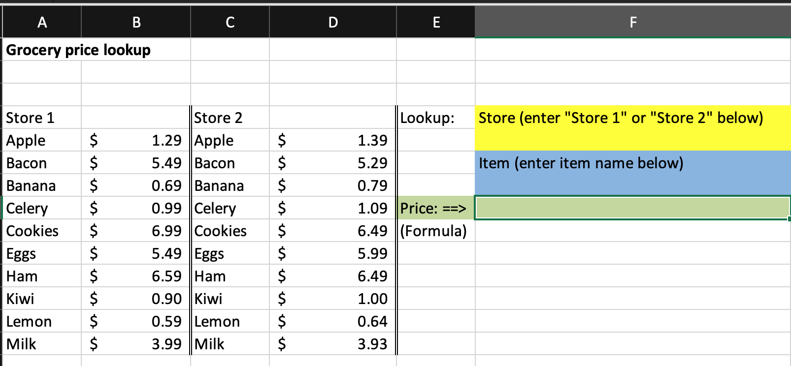 Solved A B C D E F Grocery price lookup | Chegg.com