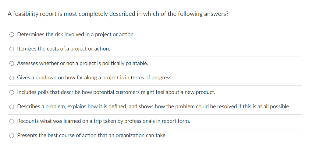 Solved A feasibility report is most completely described in | Chegg.com ...