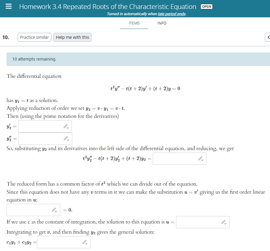 Solved 10 attempts remaining. The differential equation | Chegg.com