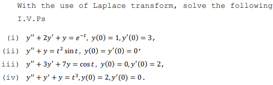Solved With the use of Laplace transform, solve the | Chegg.com