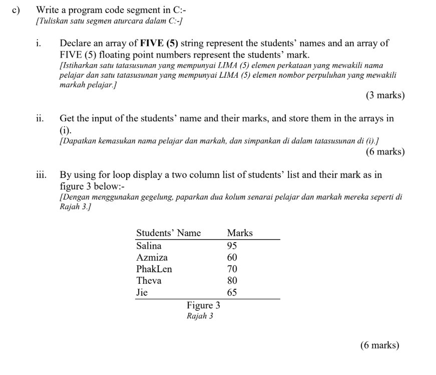 Solved c) Write a program code segment in C:- [Tuliskan satu | Chegg.com