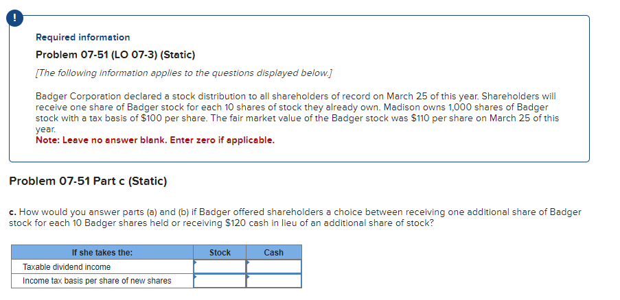 Solved Required information Problem 07-51 (LO 07-3) (Static) | Chegg.com