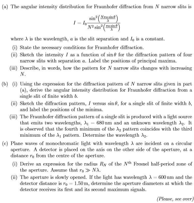 Solved (a) The angular intensity distribution for Fraunhofer | Chegg.com