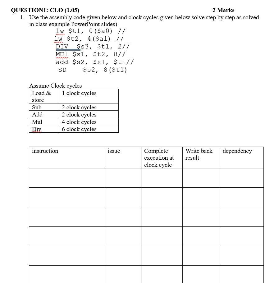Solved w QUESTION1: CLO (1.05) 2 Marks 1. Use the assembly | Chegg.com