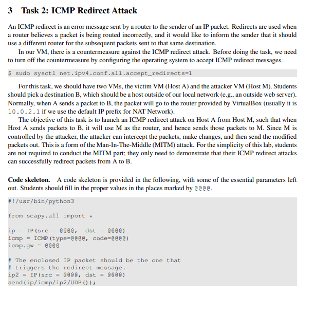 3 Task 2: ICMP Redirect Attack An ICMP redirect is an | Chegg.com