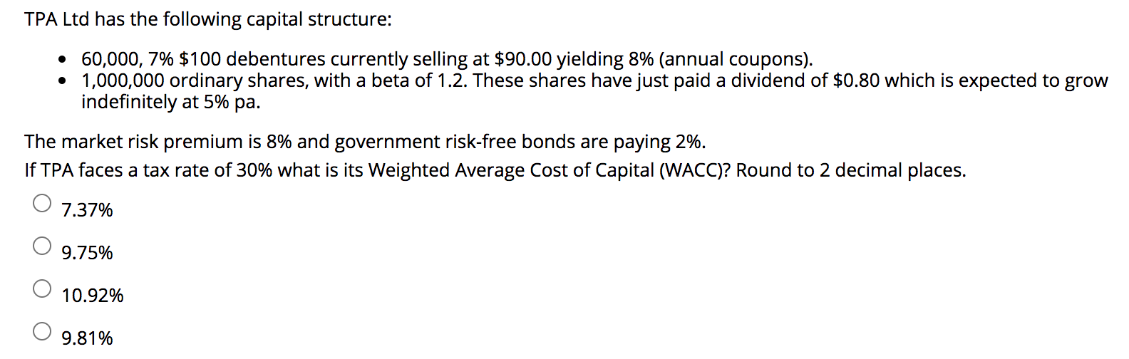 Solved TPA Ltd has the following capital structure: • | Chegg.com