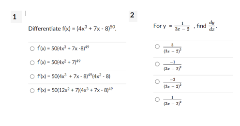 Solved 11 N Differentiate f(x) = (4x3 + 7x - 8)50 For y = 1 | Chegg.com