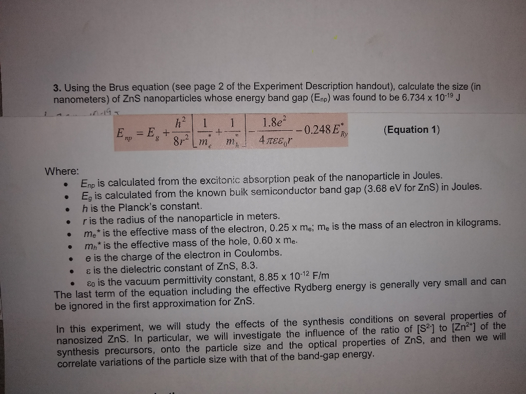 Using the Brus equation calculate the sized (in nm) | Chegg.com