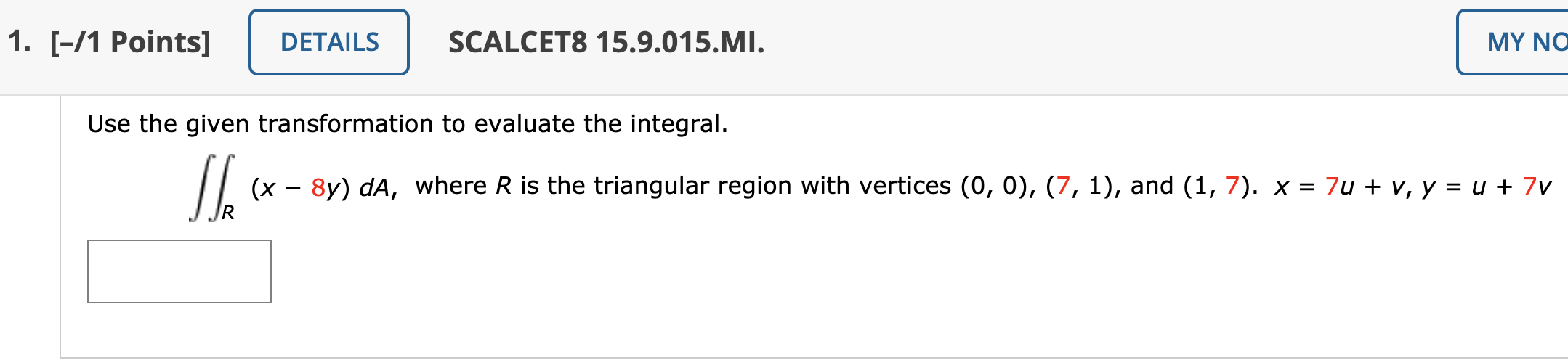 Solved 1. [-/1 Points] DETAILS SCALCET8 15.9.015.MI. MY NO | Chegg.com
