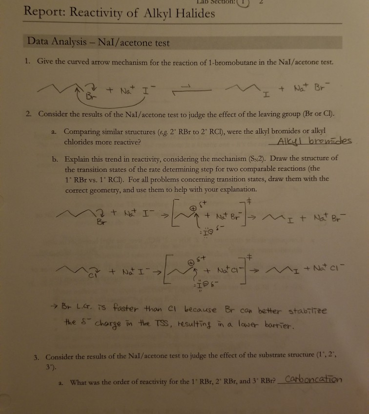 Solved Lab Section 1) Report: Reactivity of Alkyl Halides | Chegg.com