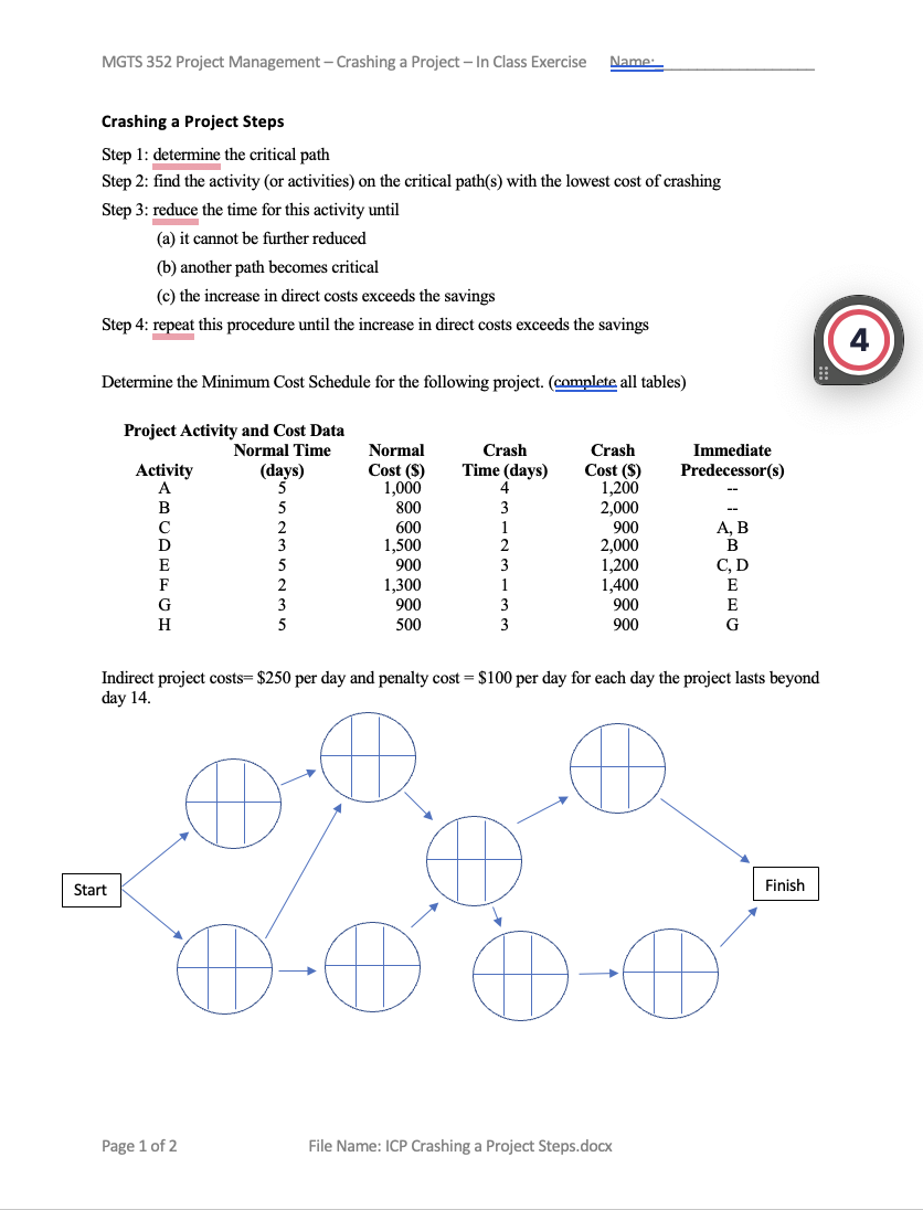 Solved MGTS 352 Project Management - Crashing a Project - In | Chegg.com