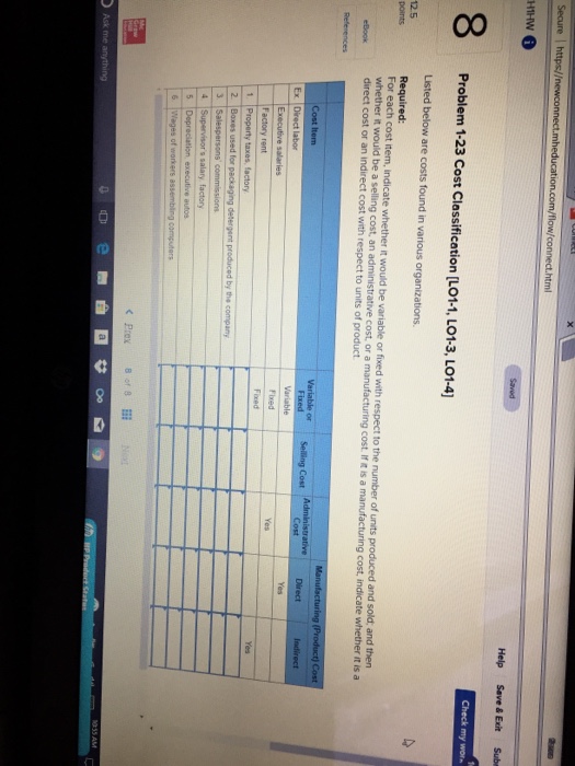 Solved 8 Problem 1-23 Cost Classification [LO1-1, LO1-3, | Chegg.com