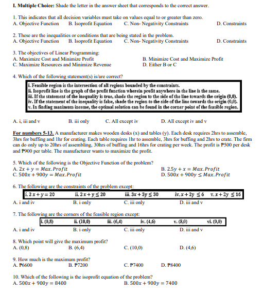 Solved I. Multiple Choice: Shade the letter in the answer | Chegg.com