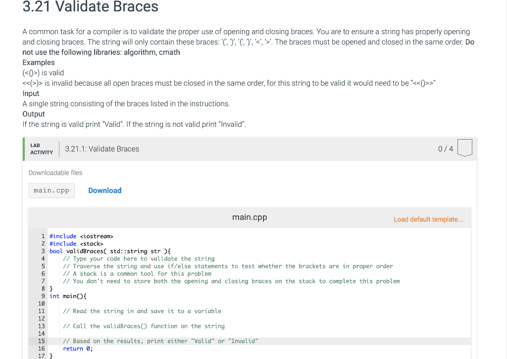 Solved 3.21 Validate Braces A common task for a compiler is | Chegg.com