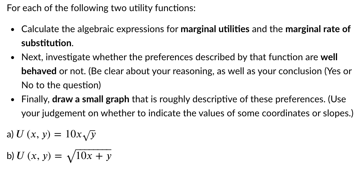 Solved For each of the following two utility functions: • | Chegg.com