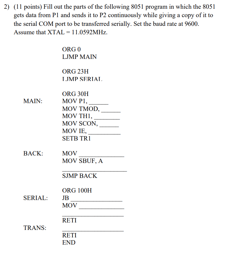 Solved (11 points) Fill out the parts of the following 8051 | Chegg.com