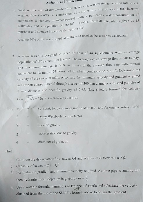 Assignment 2 Environ W ie, Wastewater generation rate | Chegg.com