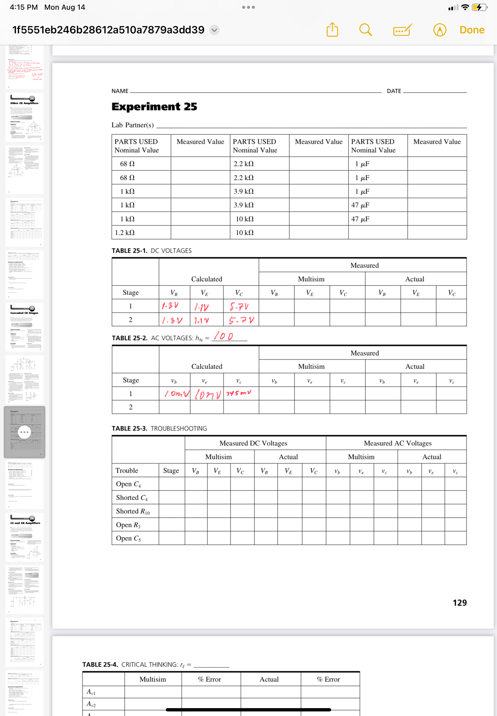 Experiment 25 Lab Partner(s) TABLE 25-1. DC VOLTAGES | Chegg.com