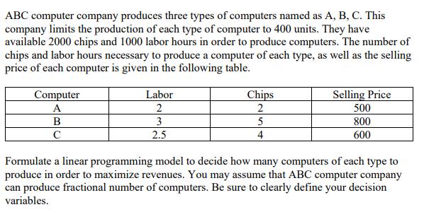 Solved ABC computer company produces three types of | Chegg.com