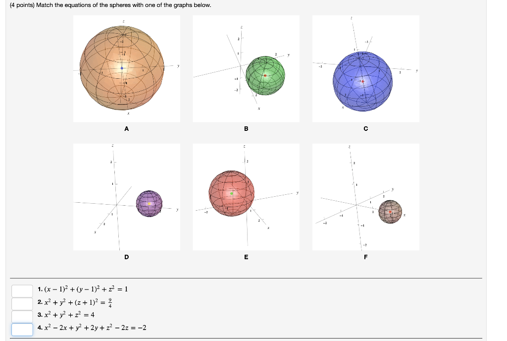 Solved (4 points) Match the equations of the spheres with | Chegg.com