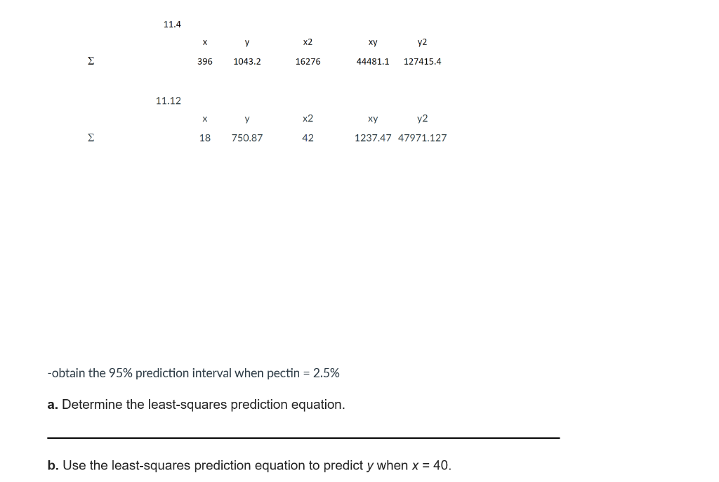 -obtain the 95% prediction interval when pectin =2.5% | Chegg.com