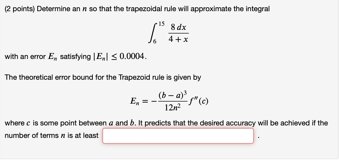 Solved (2 points) Determine an n so that the trapezoidal | Chegg.com