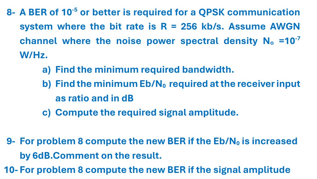 Solved 8- ﻿A BER of 10-5 or ﻿better is ﻿required for a QPSK | Chegg.com